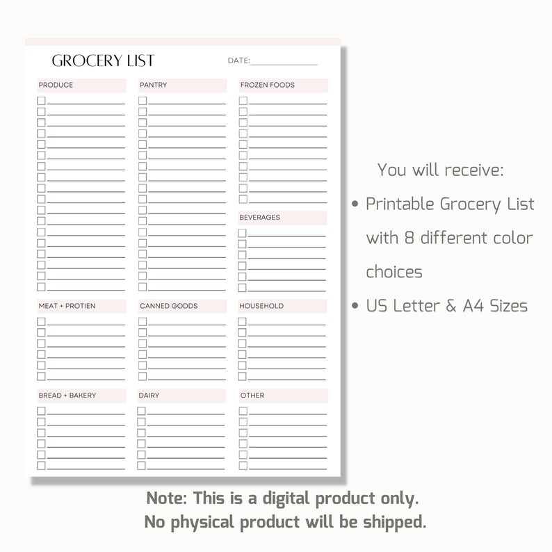 Grocery List Printable Template Food Shopping List Groceries Planner