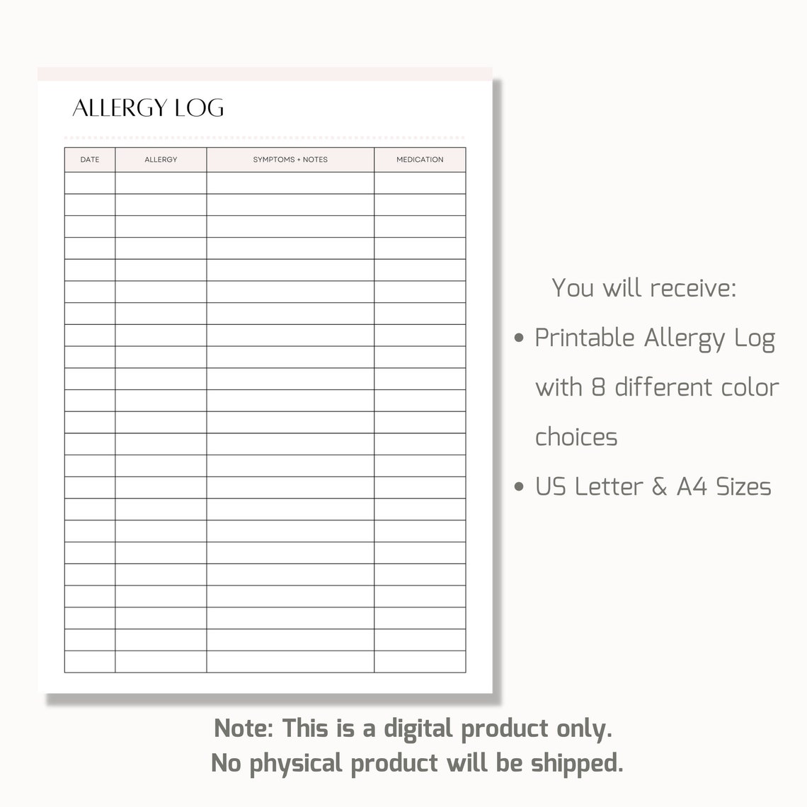 Printable Allergy Log Sheet, Health Records Tracker, Allergy Tracker ...