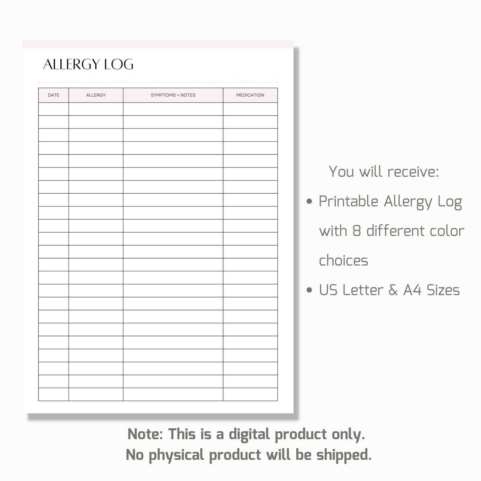 Printable Allergy Log Sheet, Health Records Tracker, Allergy Tracker ...