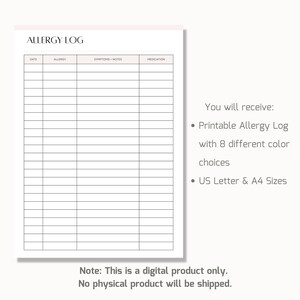 Printable Allergy Log Sheet, Health Records Tracker, Allergy Tracker ...