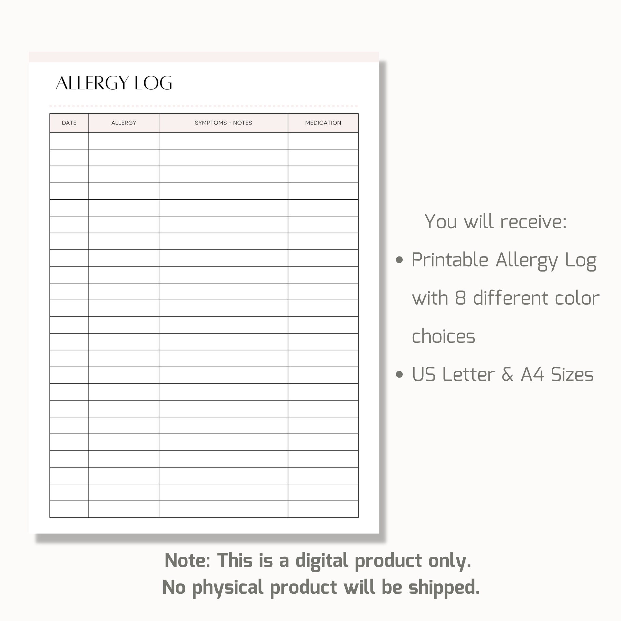 Printable Allergy Log Sheet, Health Records Tracker, Allergy Tracker ...