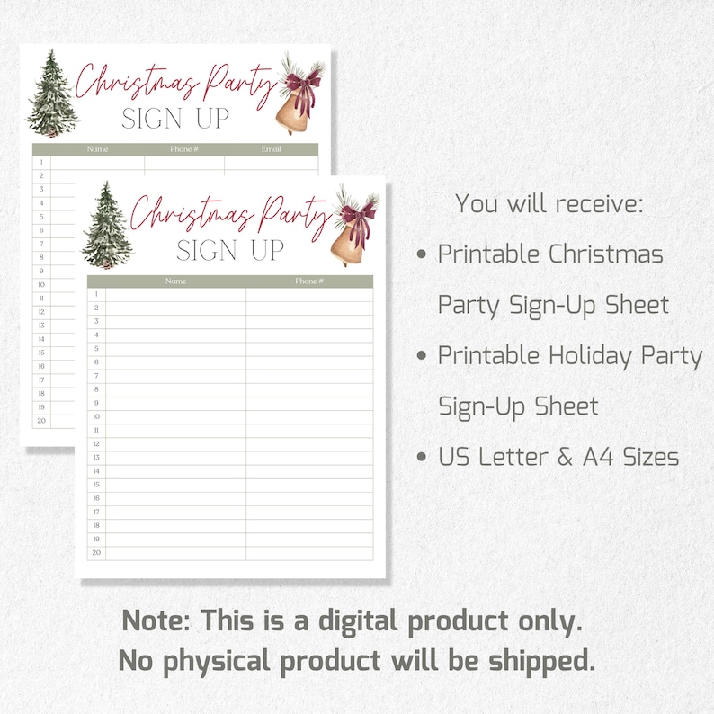 Christmas Party Sign up Sheet, Holiday Party Sign up Sheet, Printable ...
