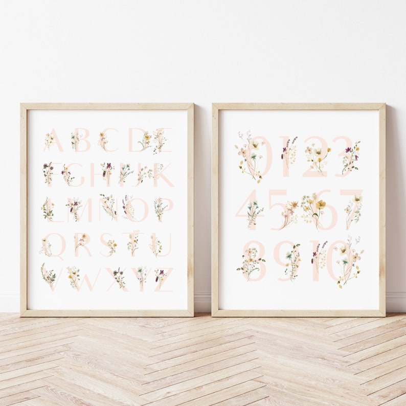 Set of 2 Wildflowers Alphabet Numbers Poster, Floral Alphabet Print ...