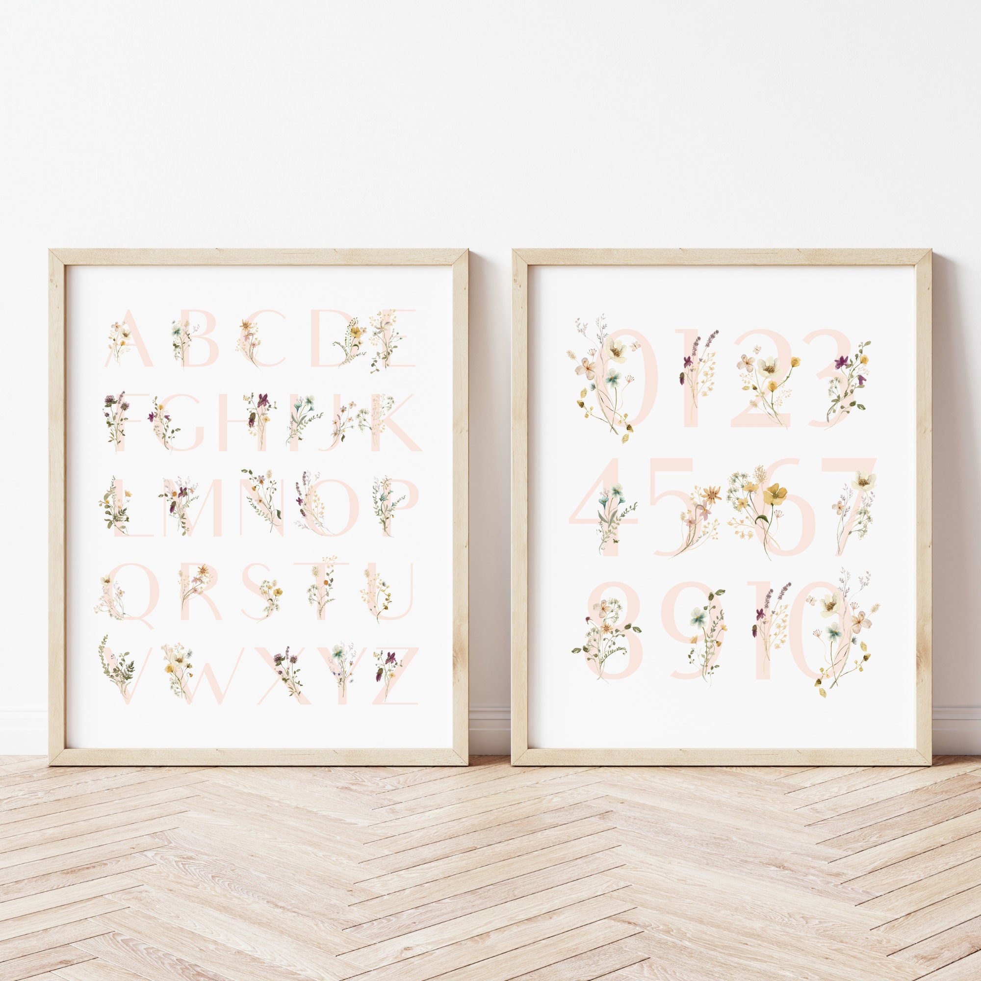 Set of 2 Wildflowers Alphabet Numbers Poster, Floral Alphabet Print ...