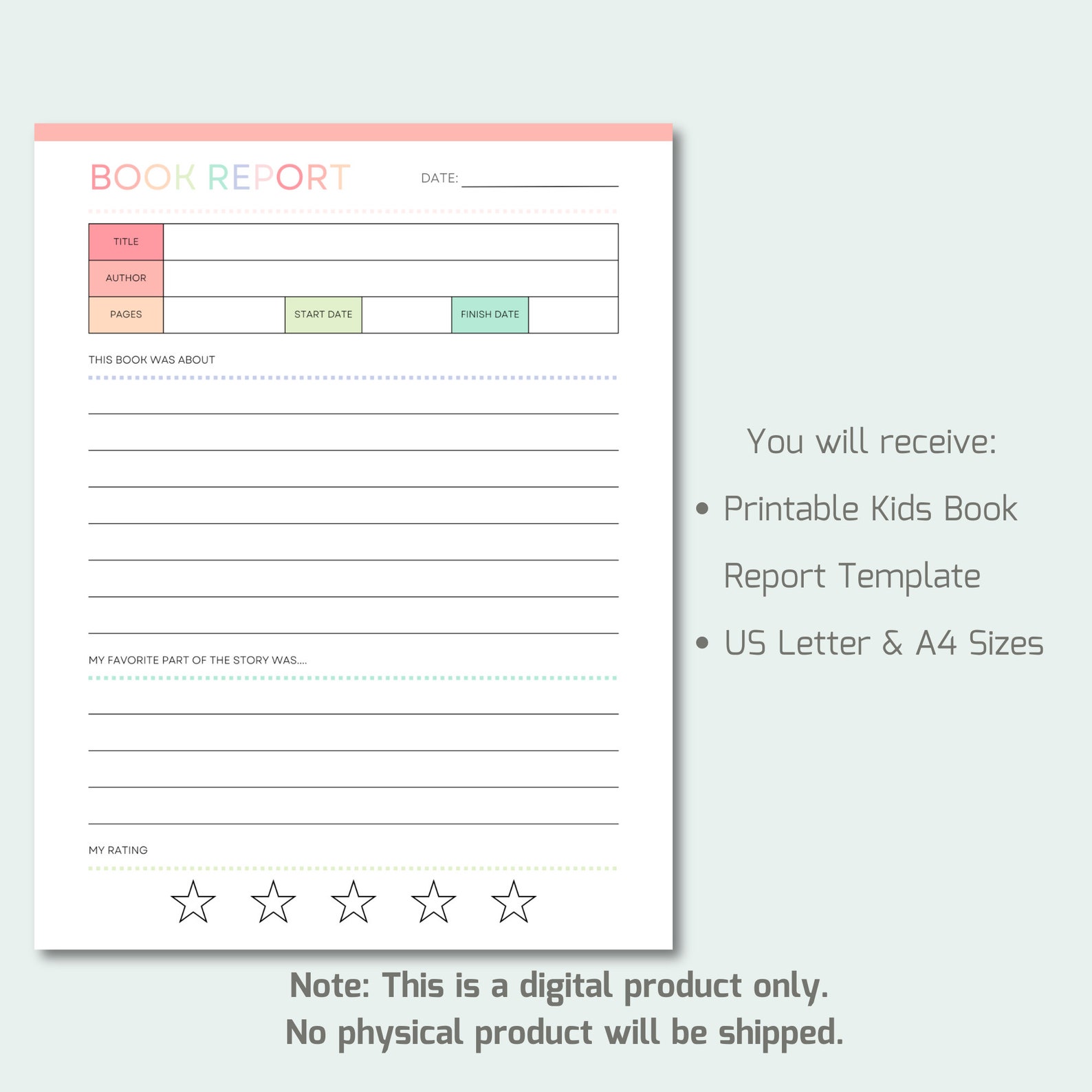 Printable Kids Book Report, Summer Reading, Daily Reading Log, Children ...