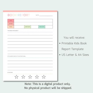 Printable Kids Book Report, Summer Reading, Daily Reading Log, Children ...
