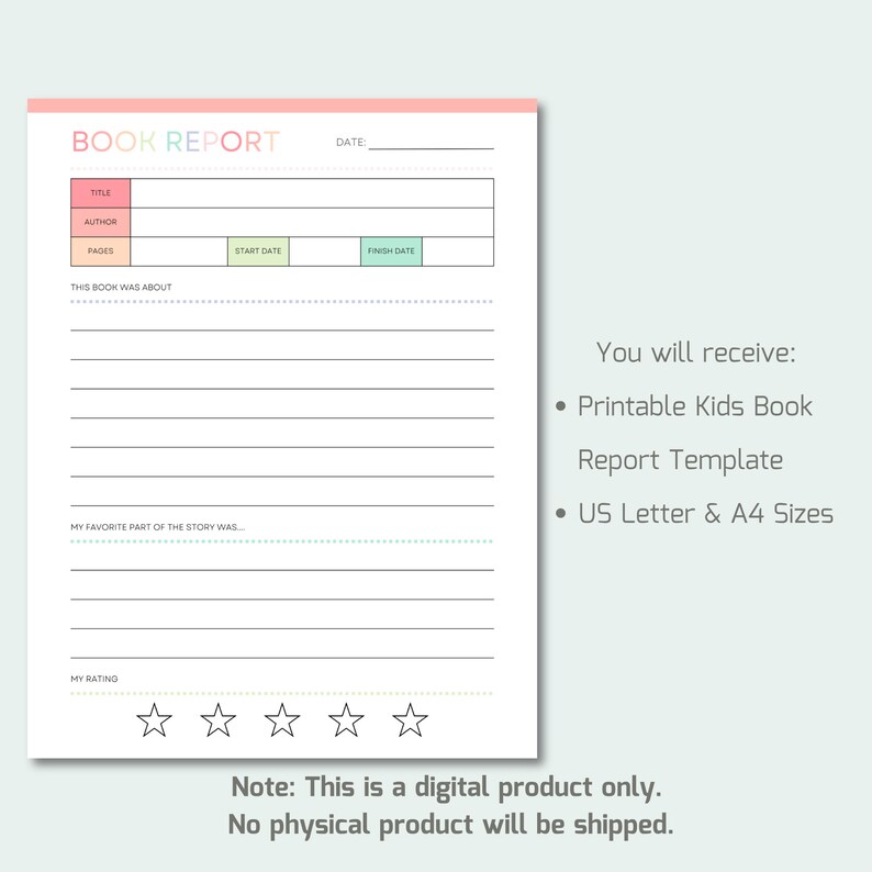 Printable Kids Book Report, Summer Reading, Daily Reading Log, Children ...