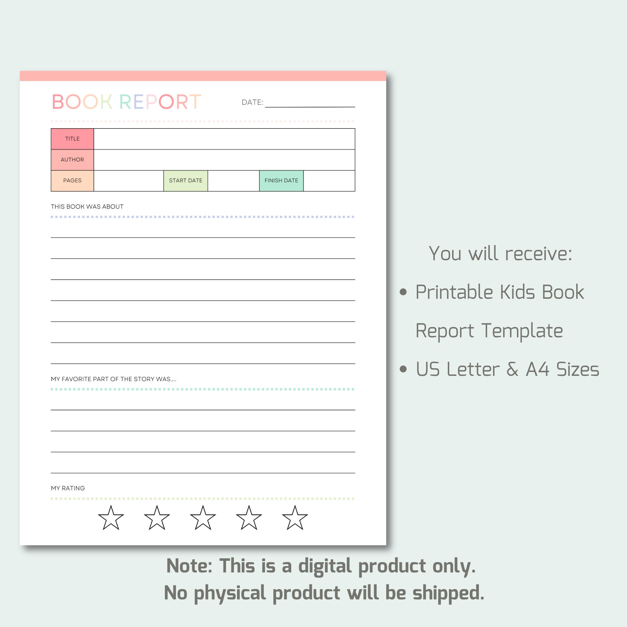 Printable Kids Book Report, Summer Reading, Daily Reading Log, Children ...
