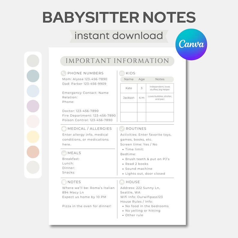 Editable Babysitter Information Sheet, Printable Babysitter Planner ...
