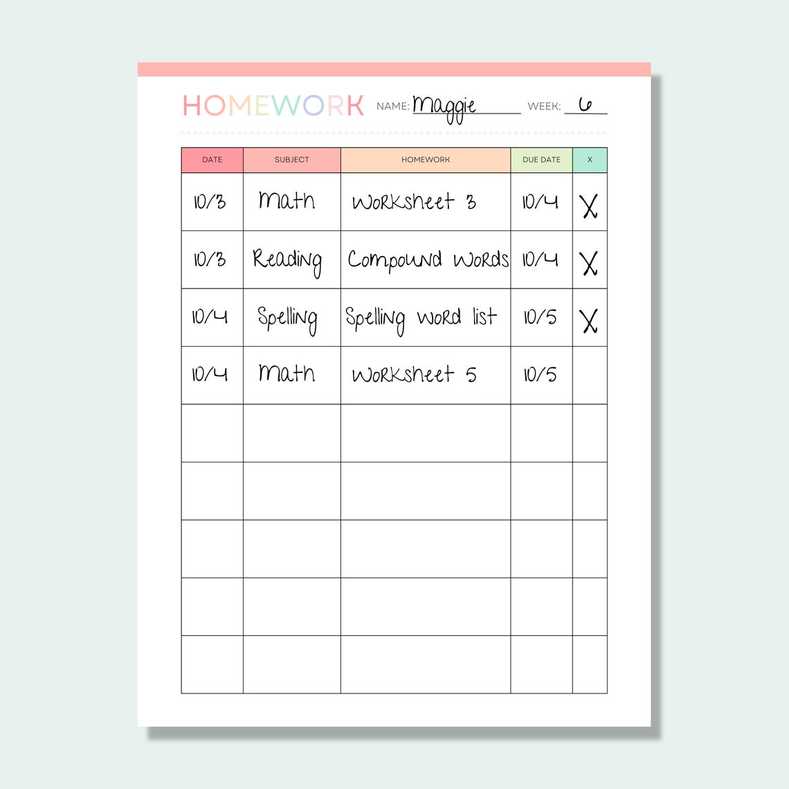 Homework Checklist, Printable Weekly Homework Log, Homework Planner ...