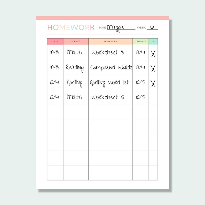Homework Checklist, Printable Weekly Homework Log, Homework Planner ...