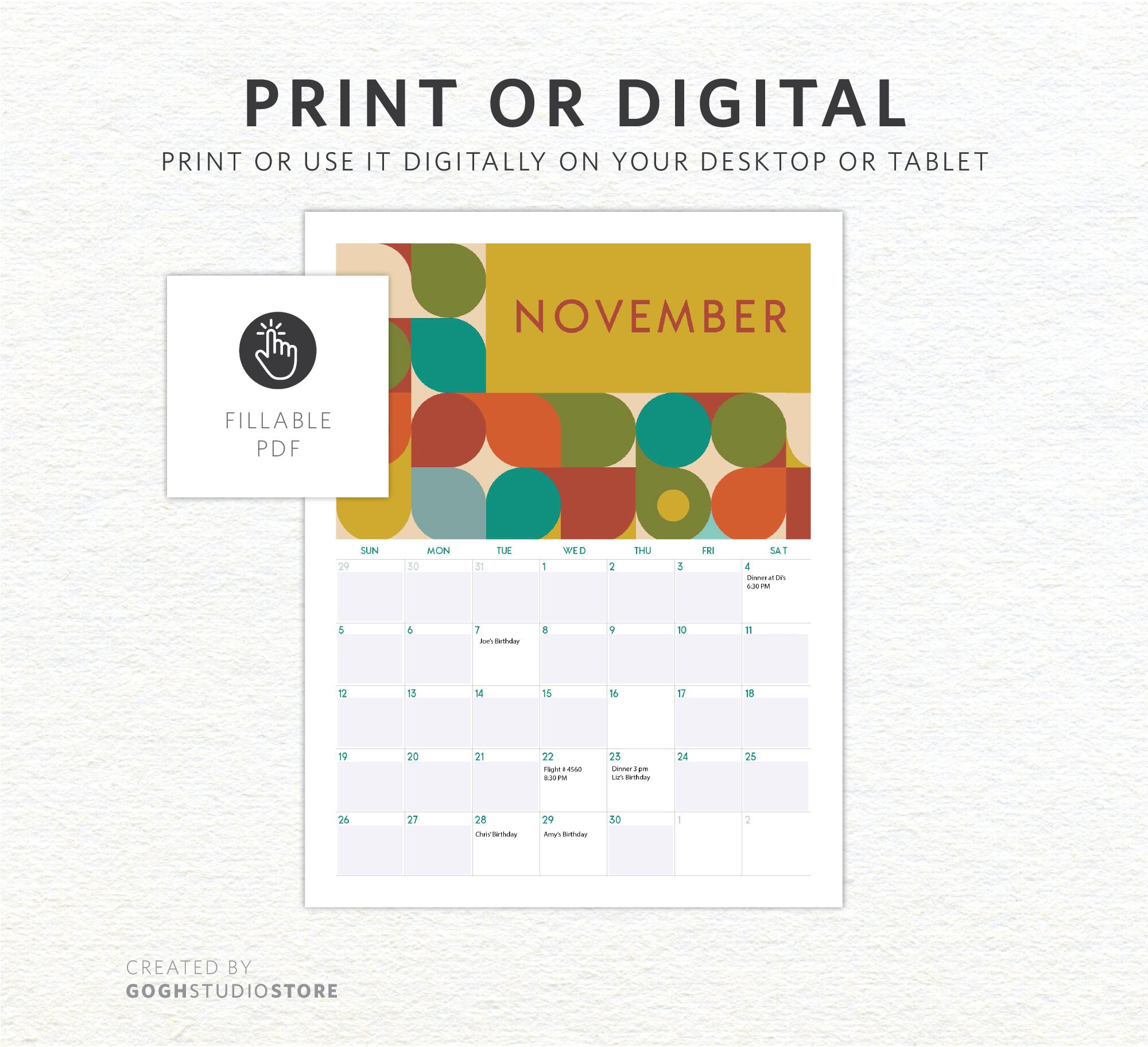 2023 Mid Century Modern Fillable Monthly Calendar Instant Download - Etsy