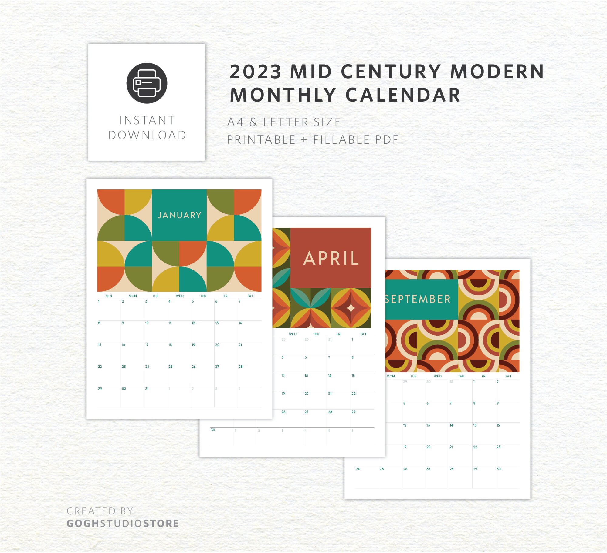 2023 Mid Century Modern Fillable Monthly Calendar Instant Download - Etsy
