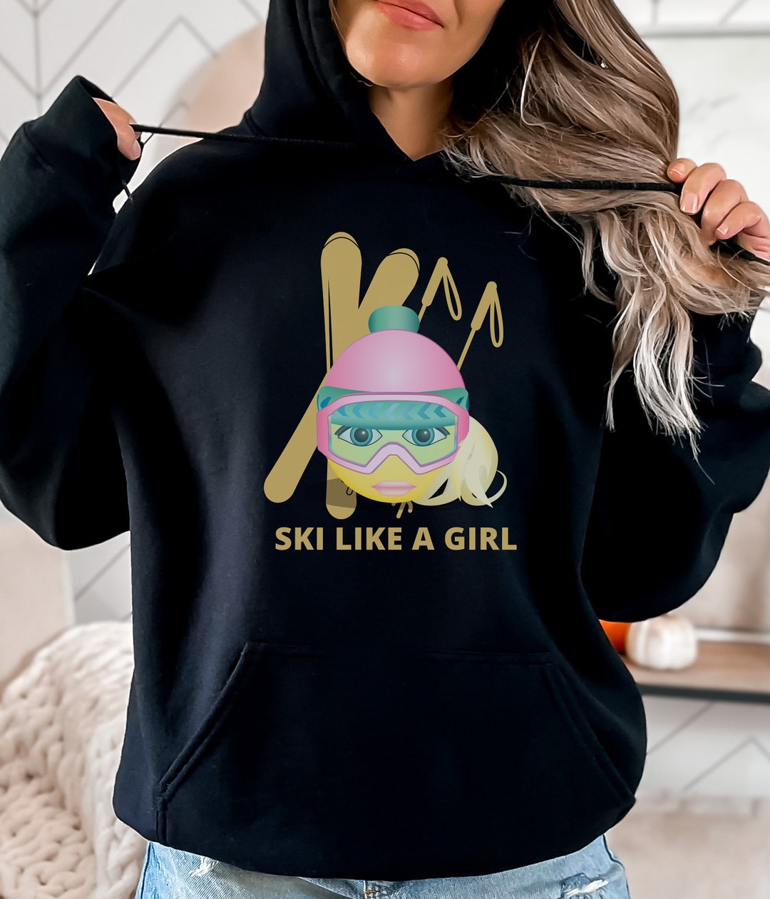 Ski Like a Girl Skiing Hoodie, Smiley Face Women Ski Sweater, Trendy ...