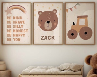 Printable Set of 3 Jungle Animal Wall Art Print, Personalised Baby Name ...
