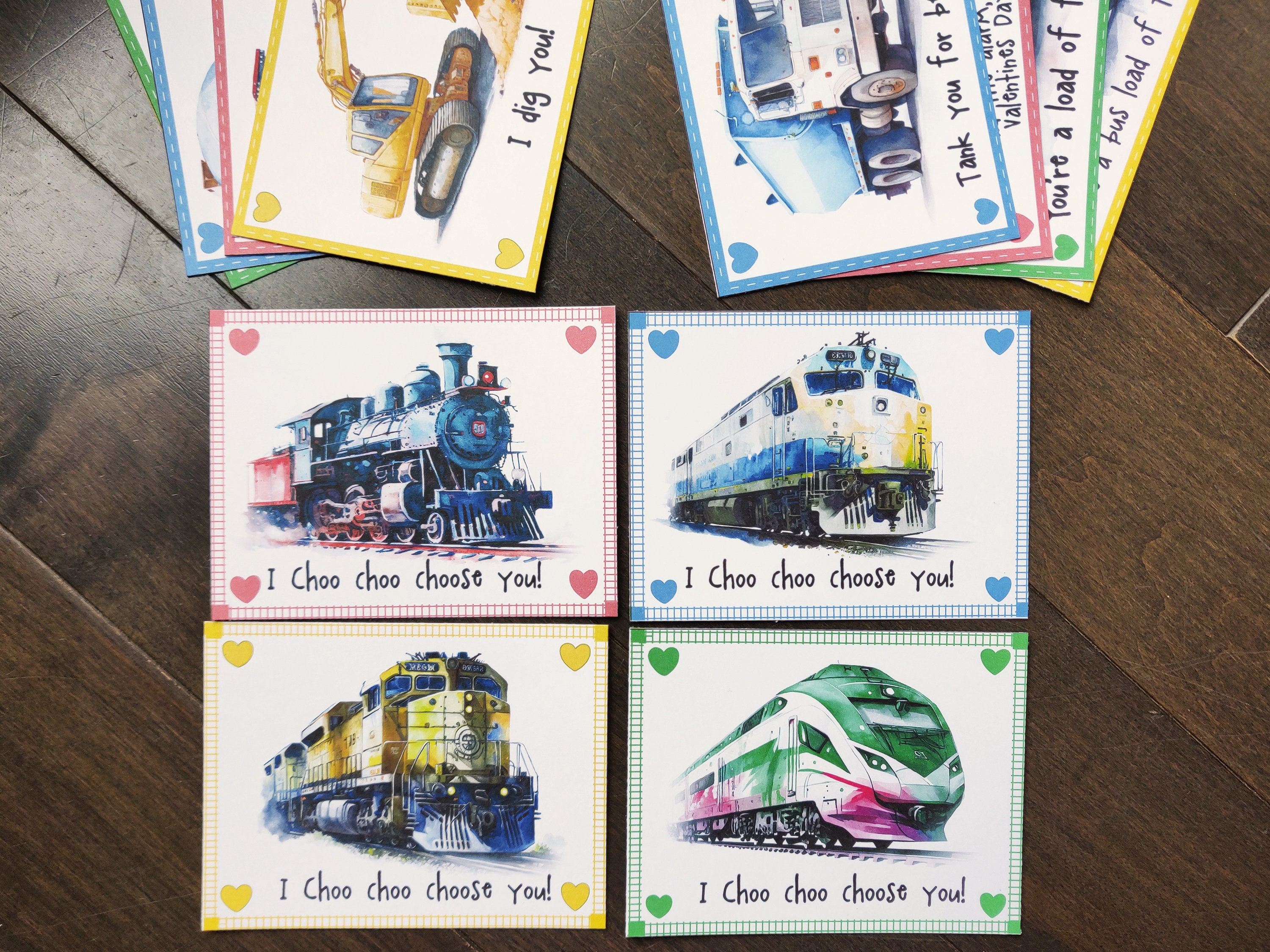 Truck and Train Valentine's Day Cards, Printable Vehicle Kids Postcards ...