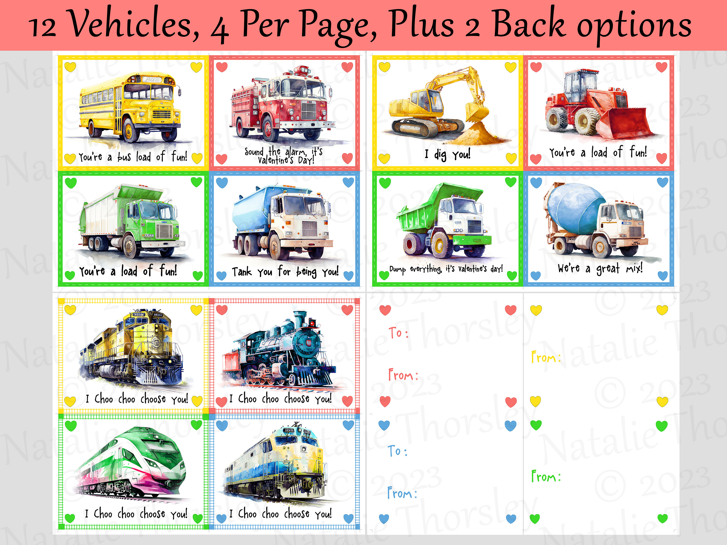 Truck and Train Valentine's Day Cards, Printable Vehicle Kids Postcards ...