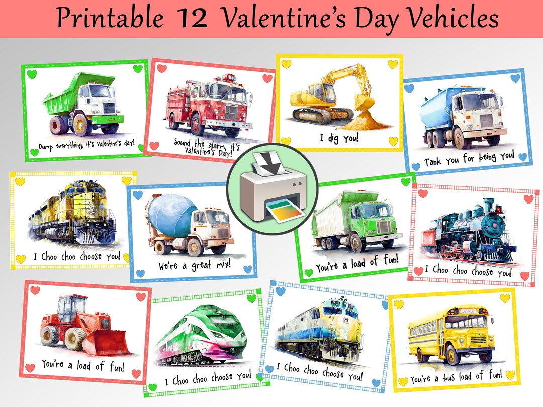 Truck and Train Valentine's Day Cards, Printable Vehicle Kids Postcards ...