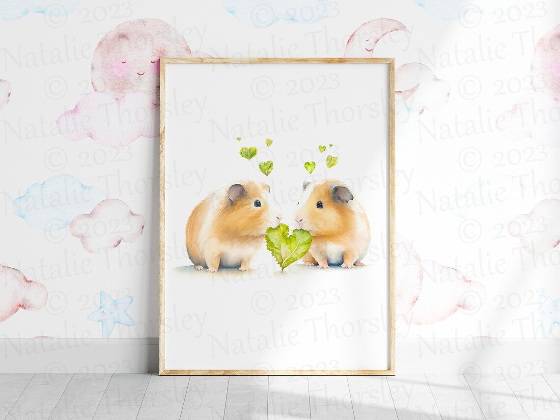 Guinea Pig Love Eating Lettuce, Watercolor Style Art Painting ...