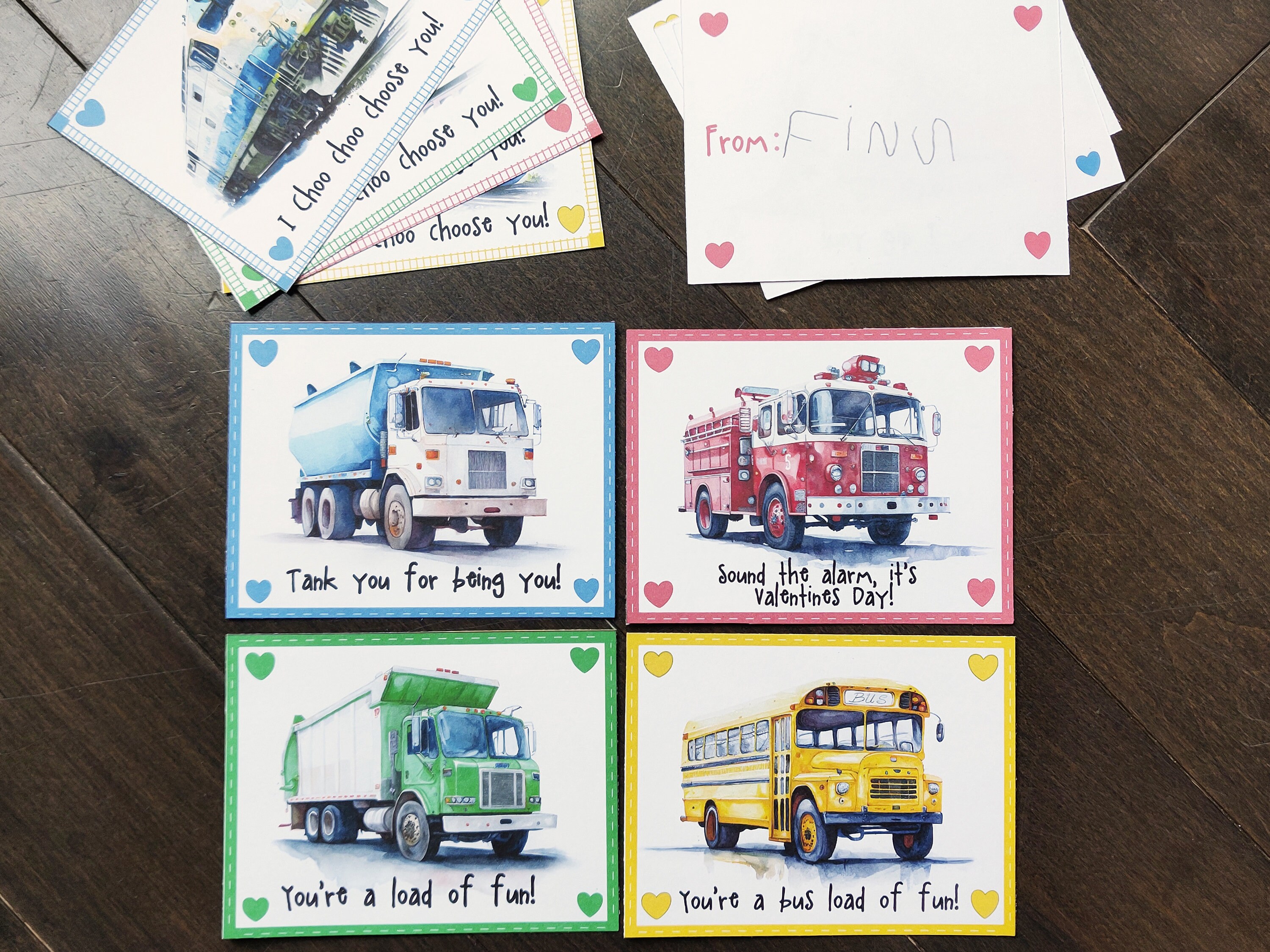 Truck and Train Valentine's Day Cards, Printable Vehicle Kids Postcards ...