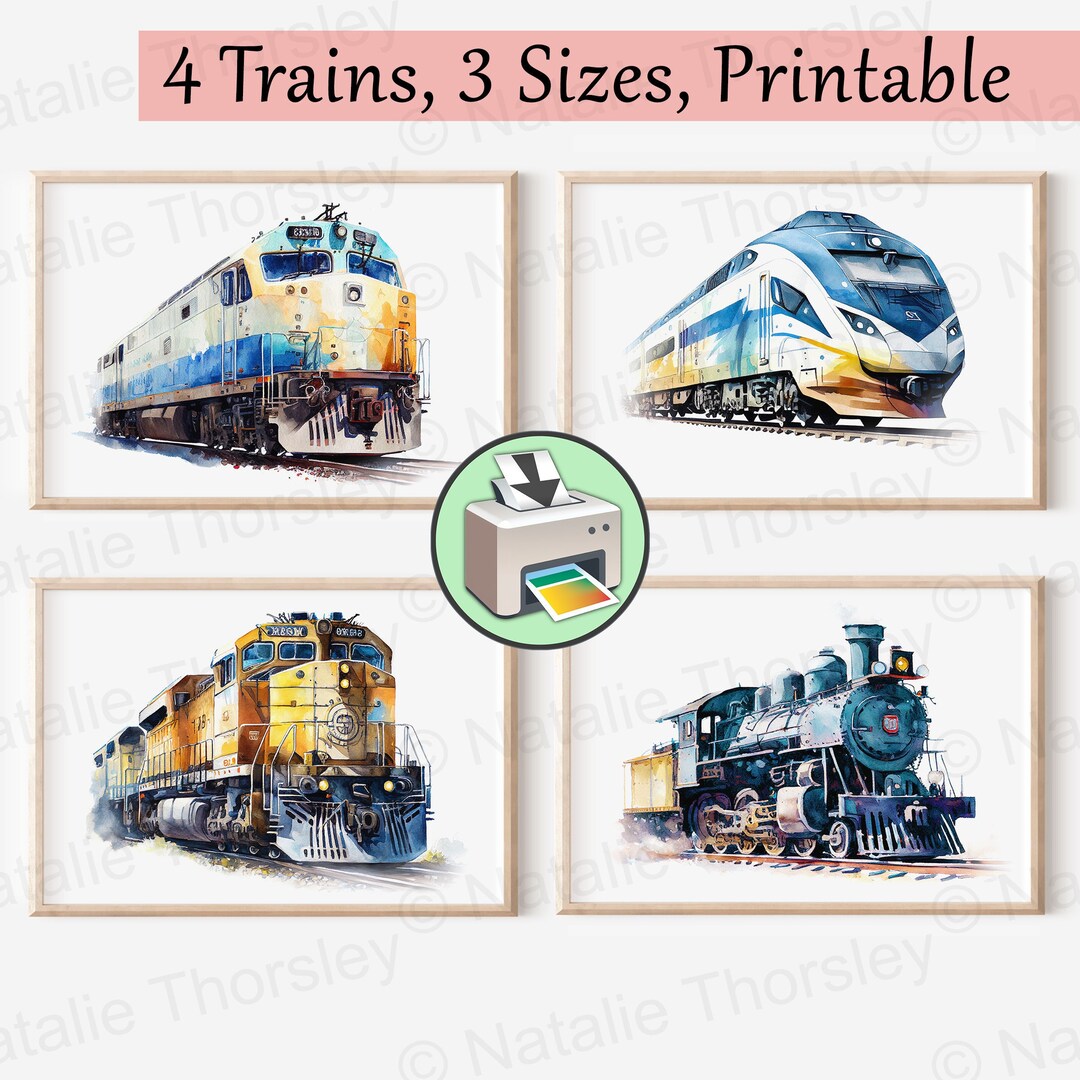 4 Train Paintings, Printable Watercolor Style Artwork for Kids Who Love ...