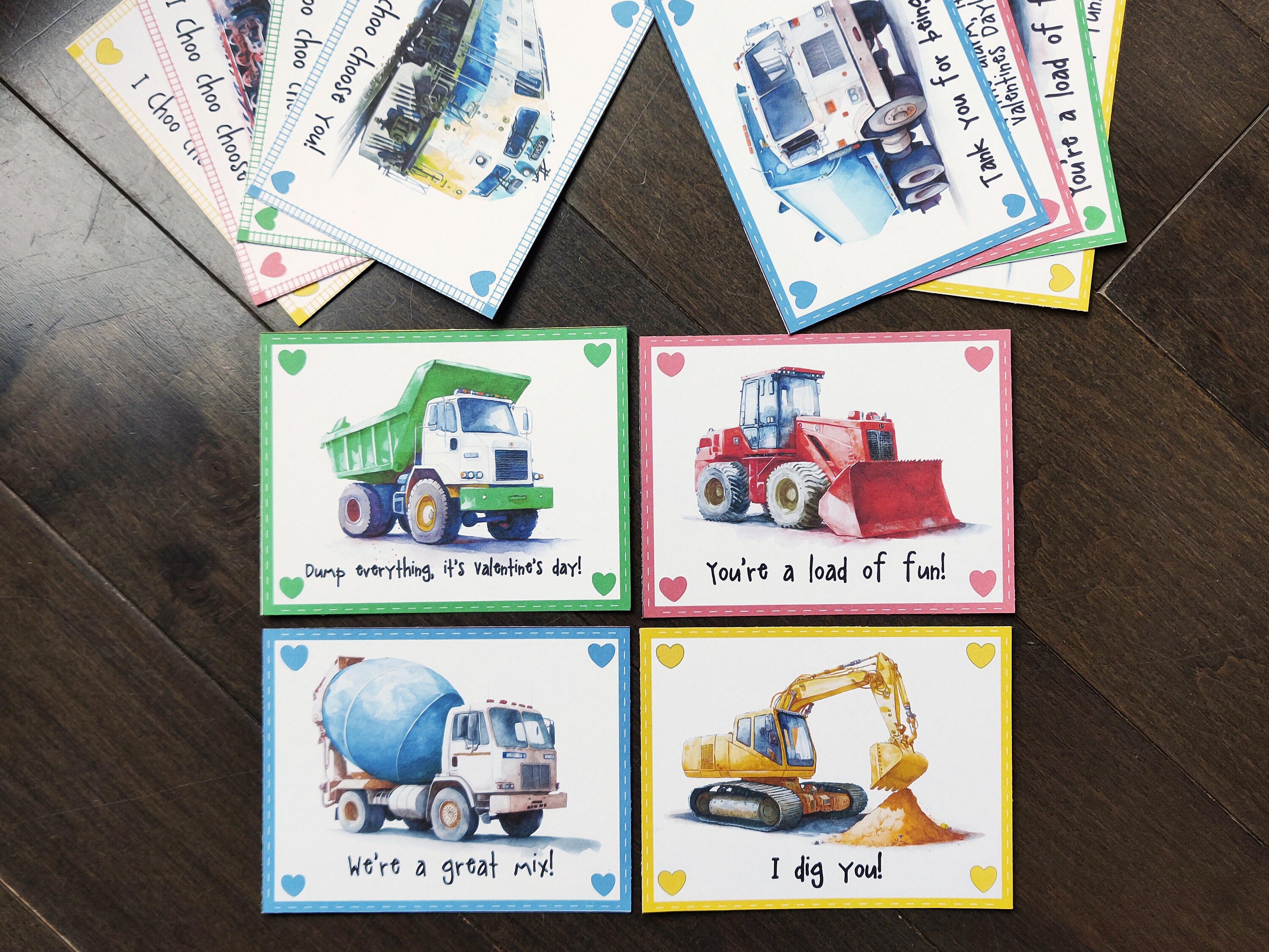 Truck and Train Valentine's Day Cards, Printable Vehicle Kids Postcards ...
