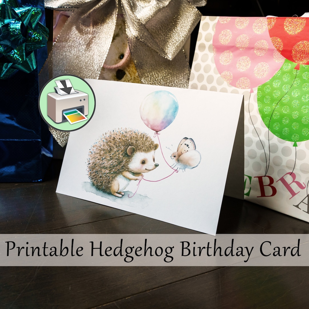 Hedgehog Birthday Card With Balloon and Butterfly, Printable Digital ...
