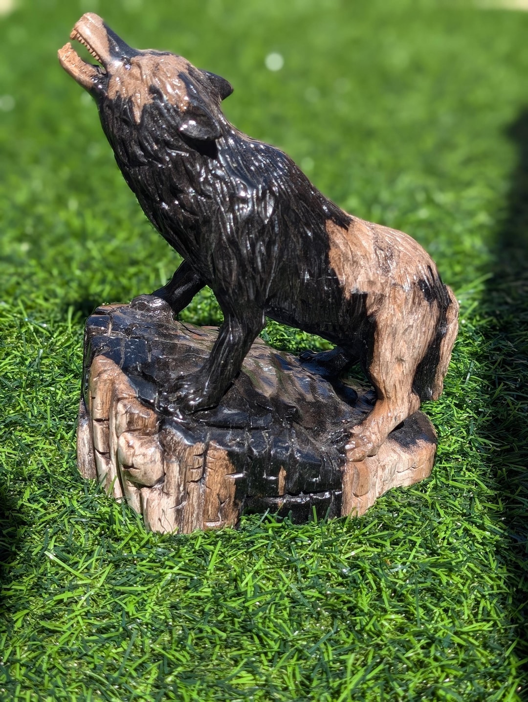 Crystal Wolf Carving 7" Petrified Wood Howling Wolf Statue Indonesian ...