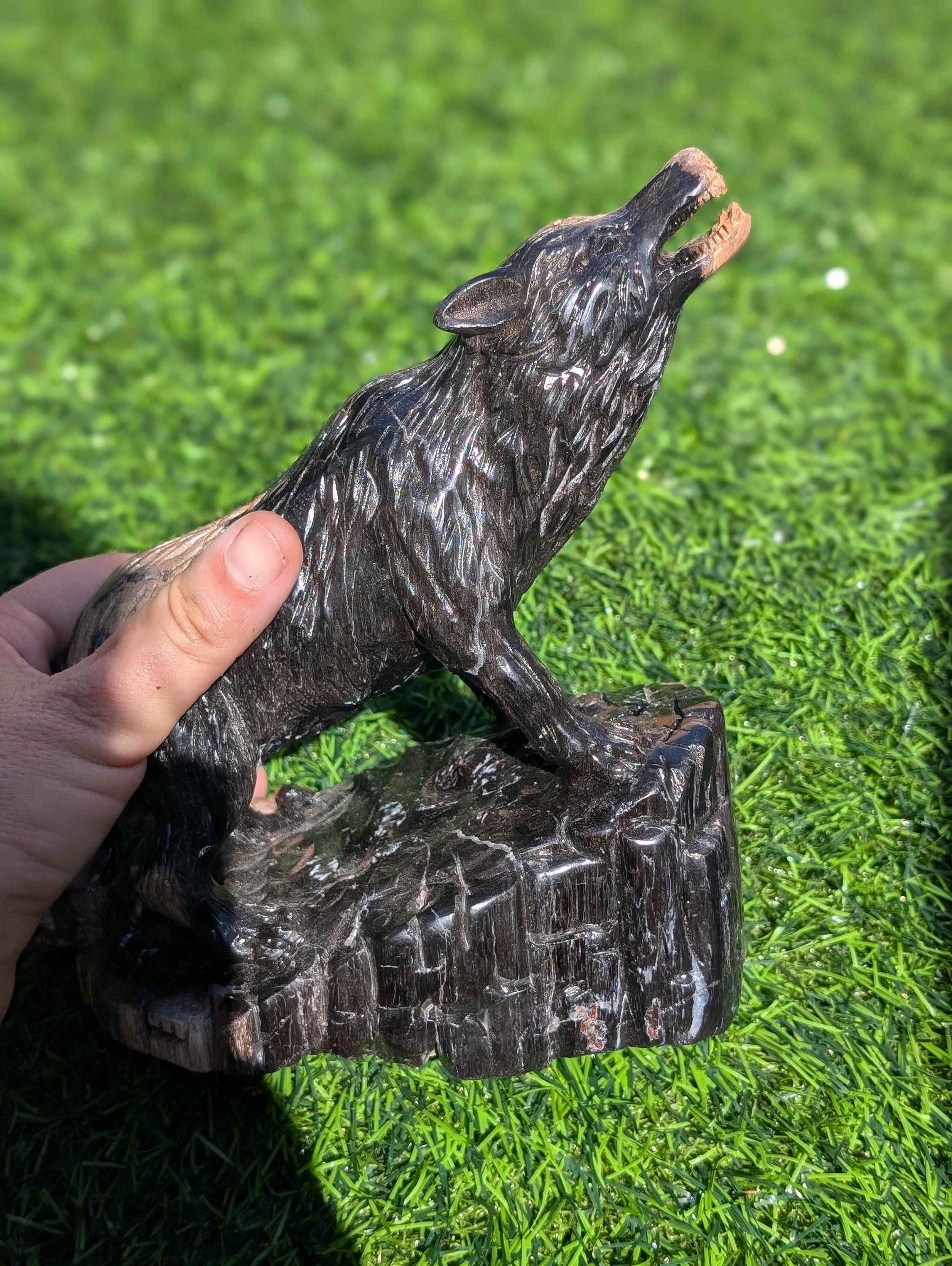 Crystal Wolf Carving 7" Petrified Wood Howling Wolf Statue Indonesian ...