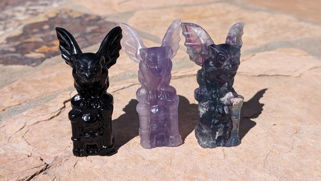Crystal Gargoyle Statue, Almost 4 Inches. Fluorite and Obsidian, You ...