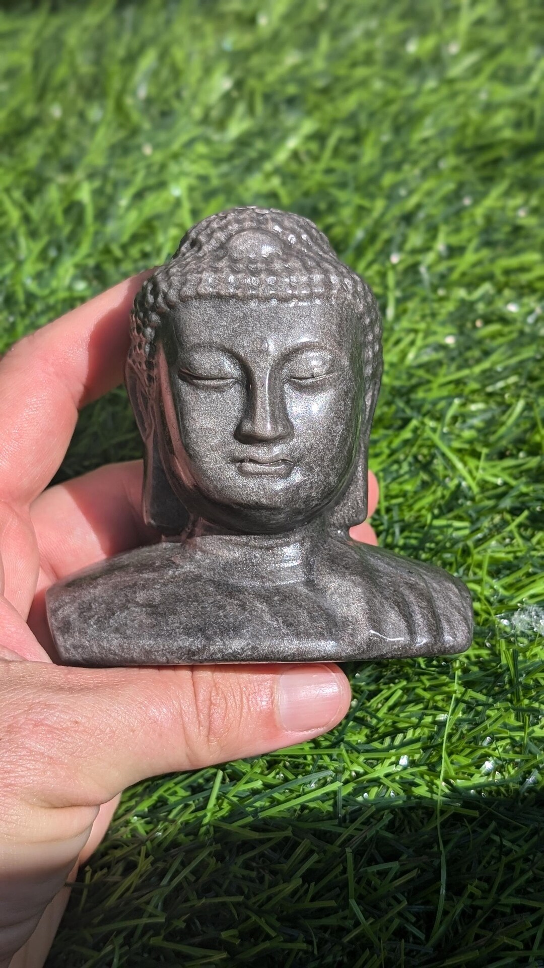 Obsidian Young Buddah Head Carving - Large Silver Sheen Buddah, Desktop ...