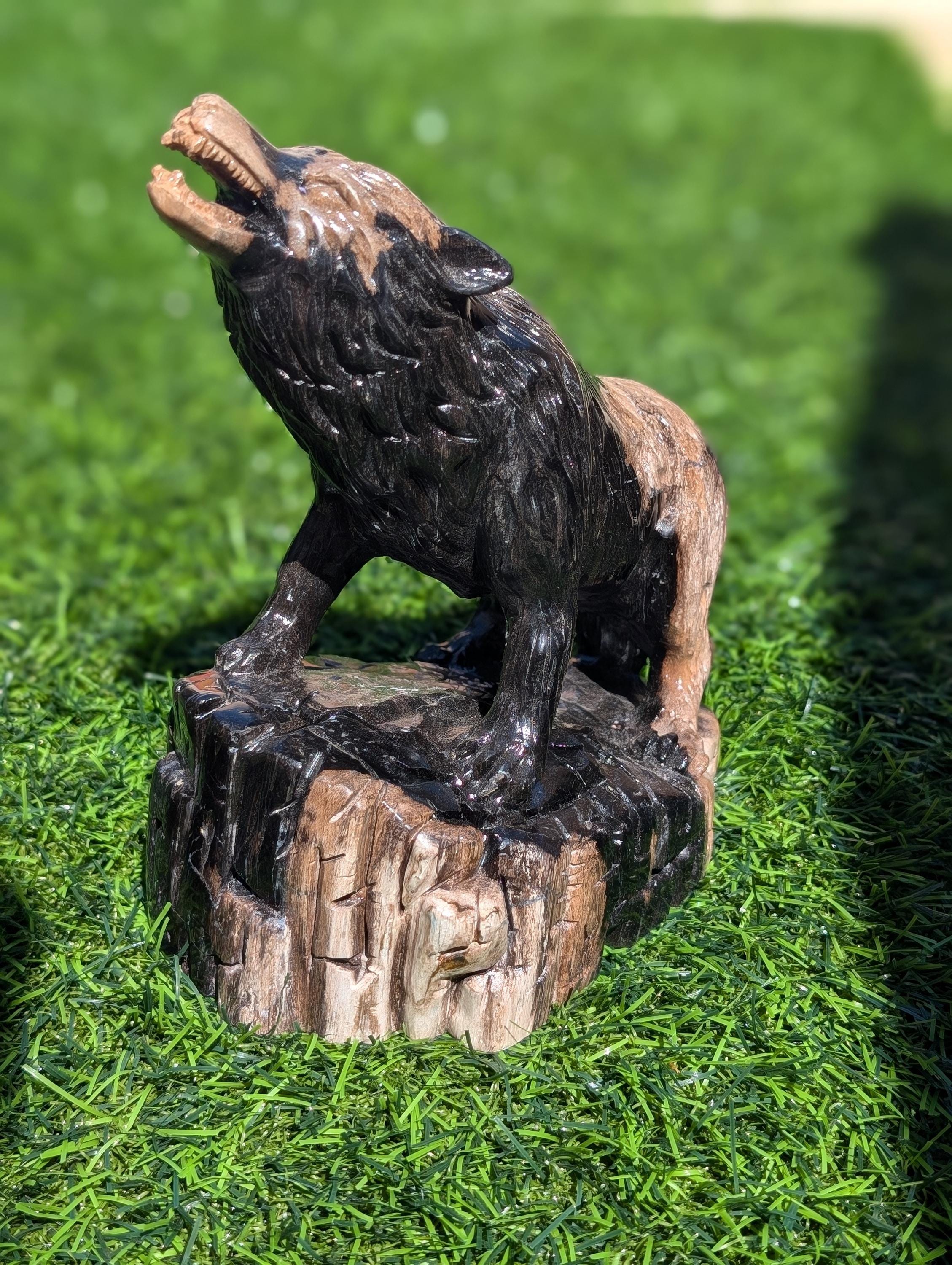 Crystal Wolf Carving 7" Petrified Wood Howling Wolf Statue Indonesian ...