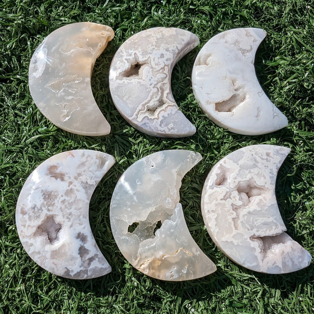 White Lace Agate Moon, You Chose! Snow Agate Crystal Moon Carving ...