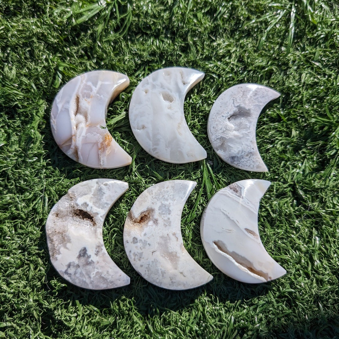 White Lace Agate Moon, You Chose! Snow Agate Crystal Moon Carving ...