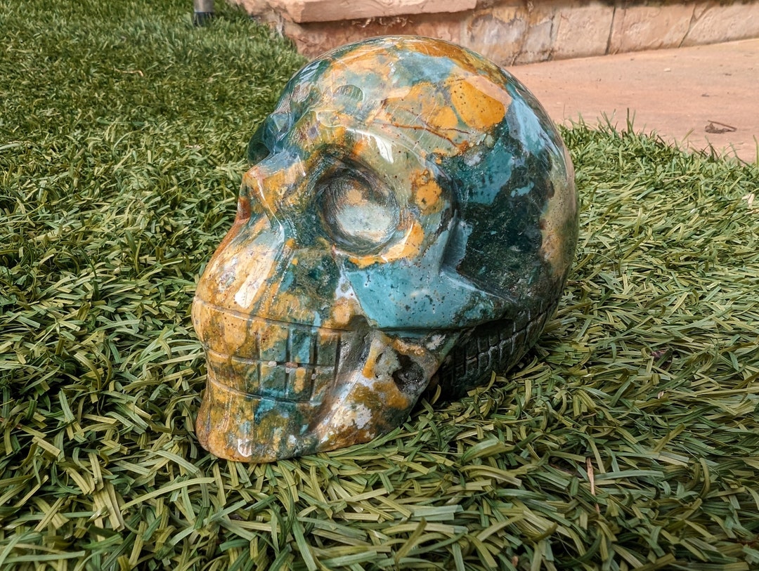 Ocean Jasper Skull 4.75" Yellow Green Crystal Skull, Ocean Jasper Multi ...
