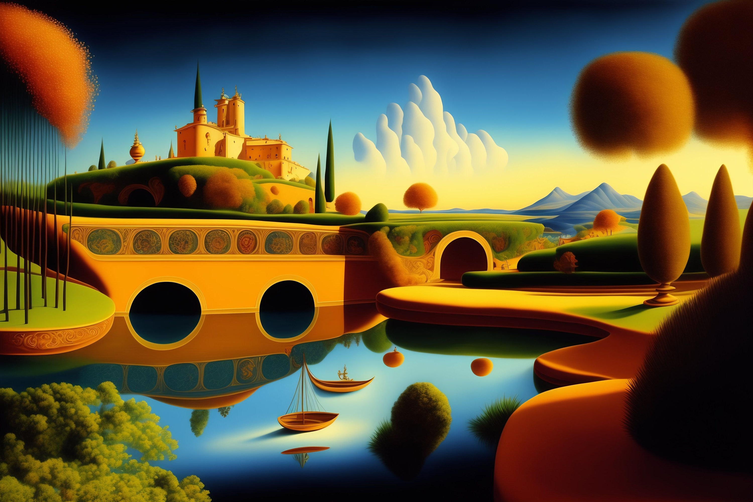 Surrealist Castle Landscape Digital Art, Exaggerated River Scene ...