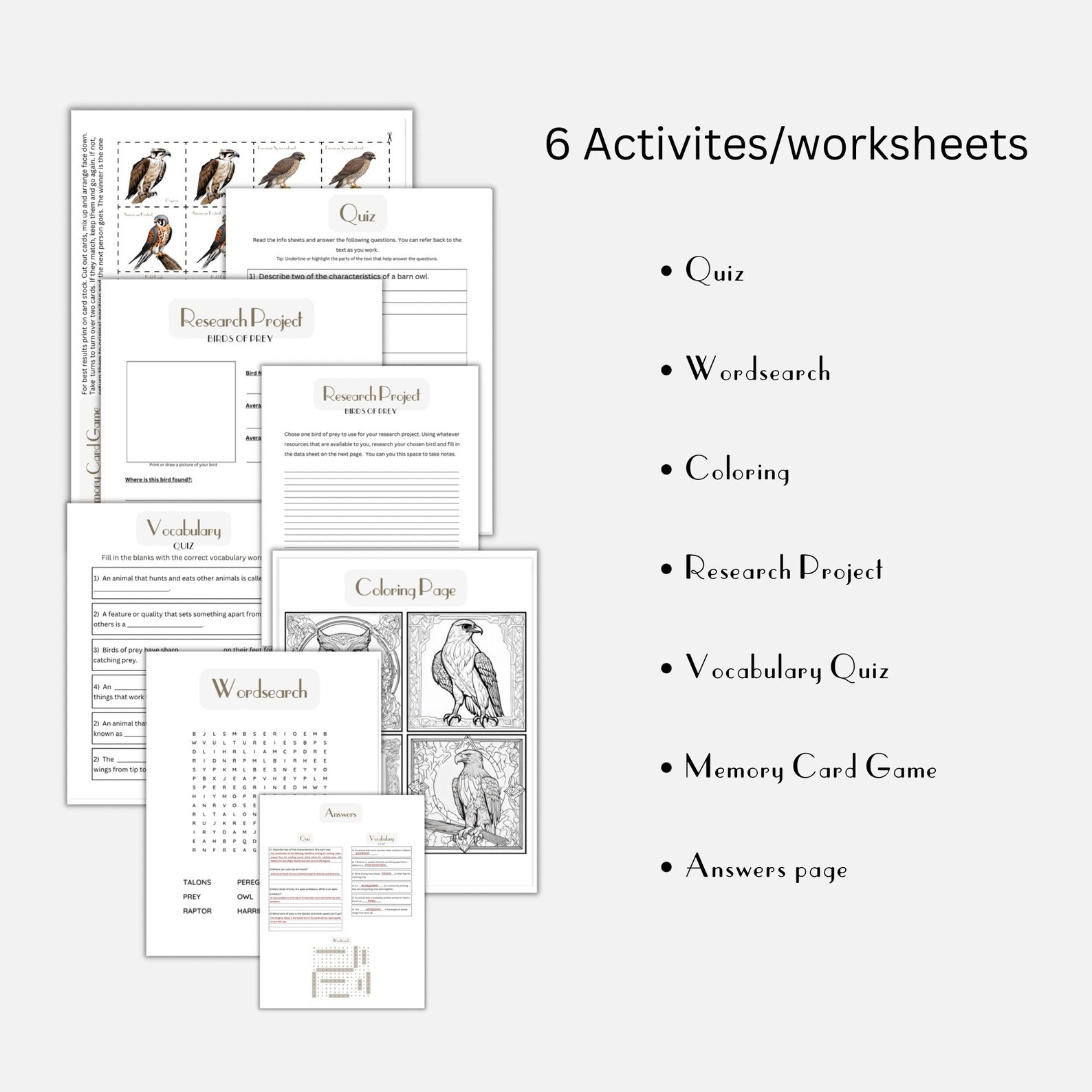 Birds of Prey Unit Study: Homeschool Elementary Worksheets (digital ...