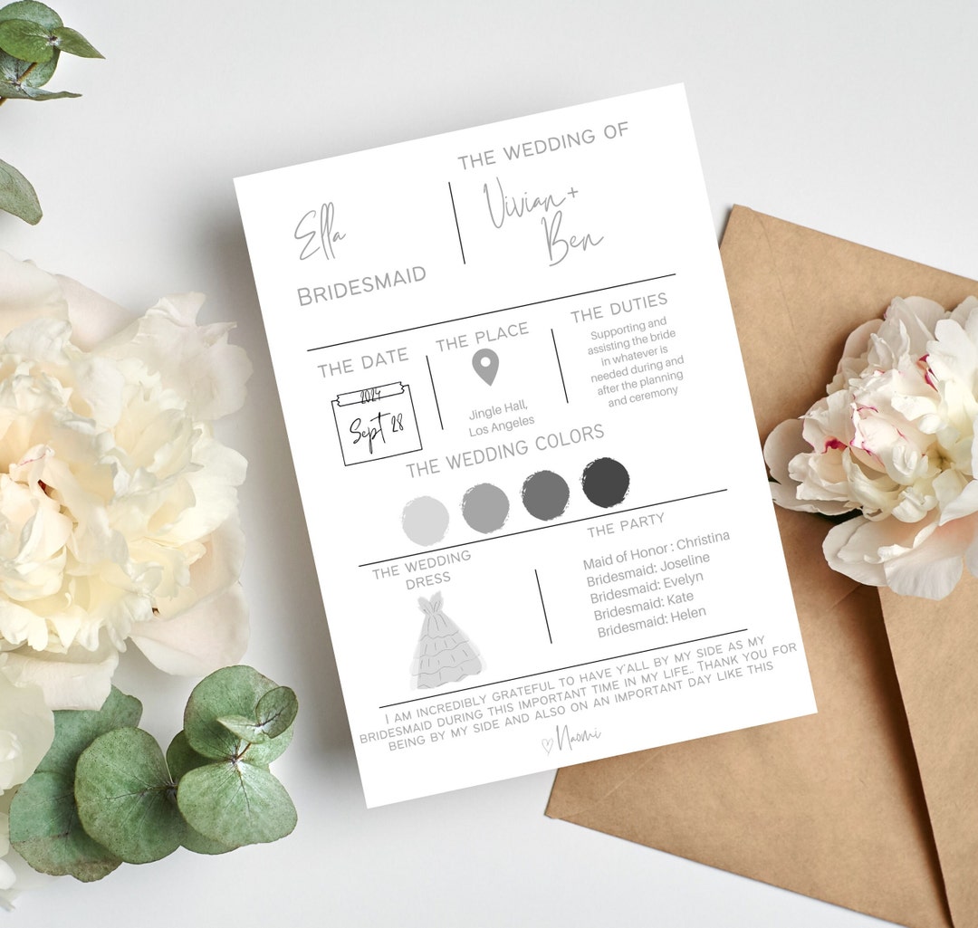 Editable Bridesmaid Info Card Template, Bridal Party Info Card ...