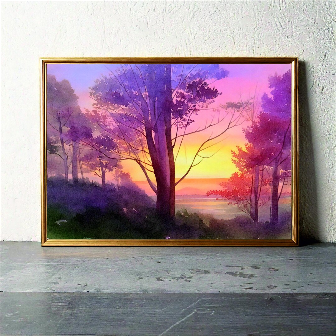 Purple Sunset Landscape Painting Sunset Forest Bathroom Print Digital ...