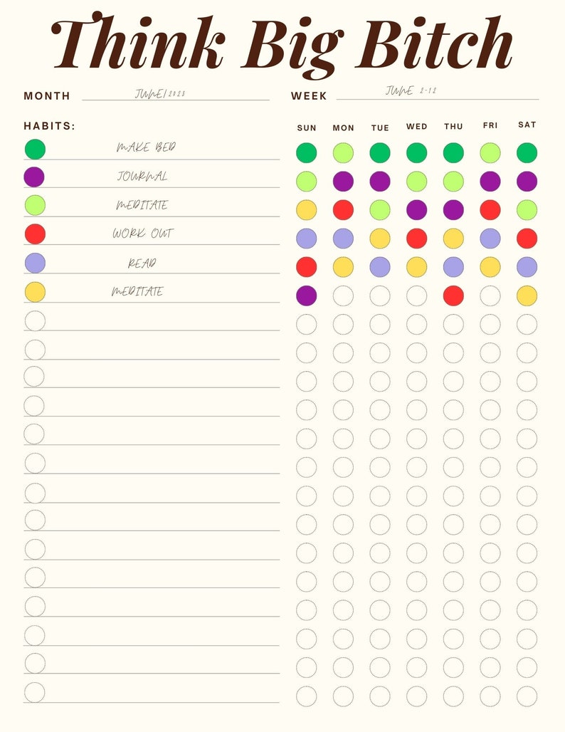 Think Big Btch Colour Coded Weekly Habit Tracker Digital - Etsy