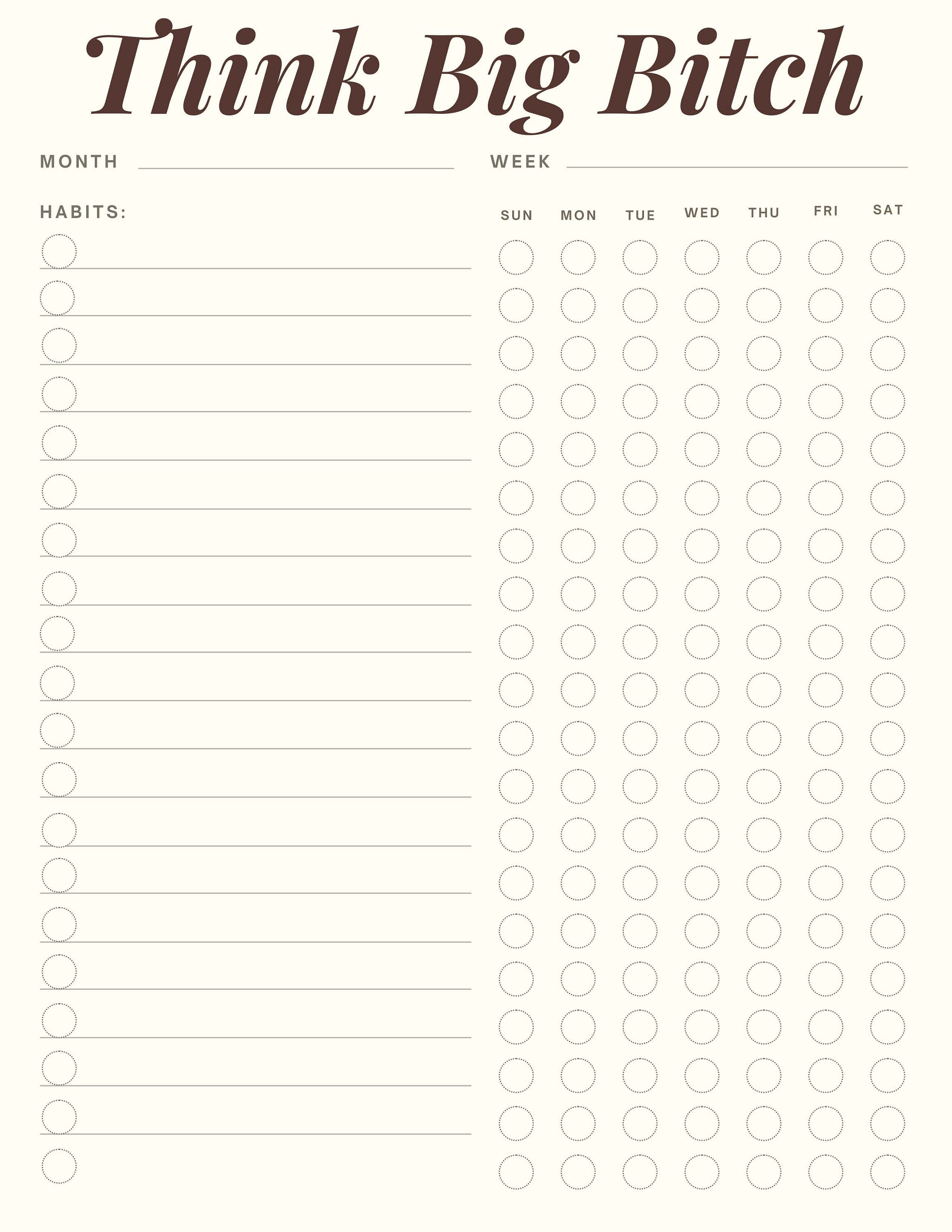 Think Big Btch Colour Coded Weekly Habit Tracker, Digital Printable ...