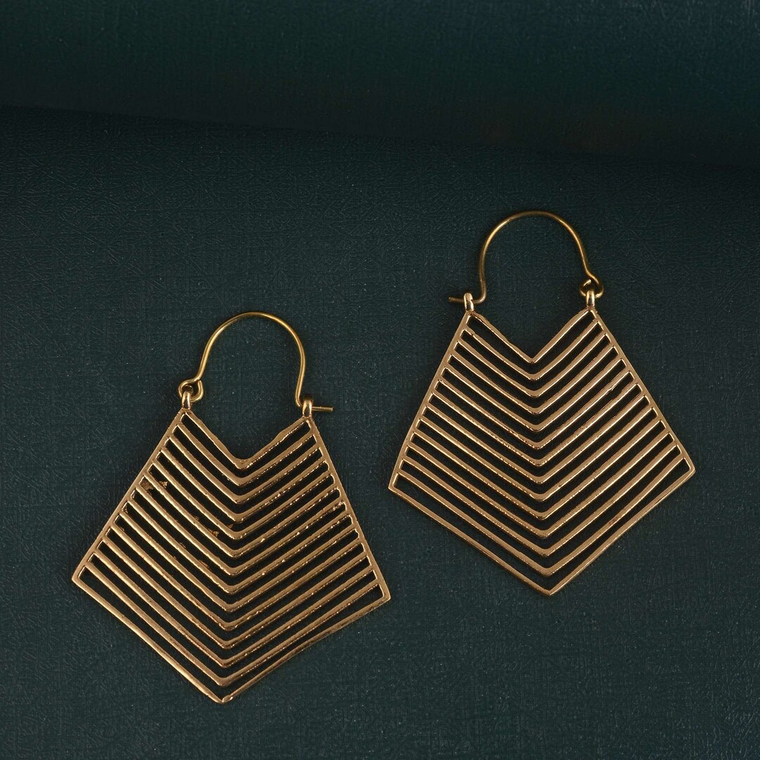 Gold Rhombus Earrings, Layered Gold Earrings, Hoop Earrings, Elongated ...