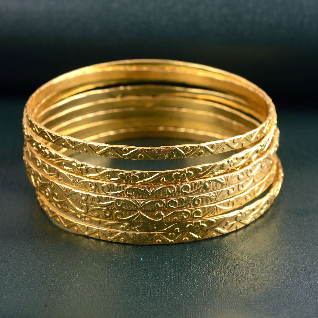 Brass Bangles, 7 Set Design Bangles, Stackable Bangles, Gold Bangle for ...