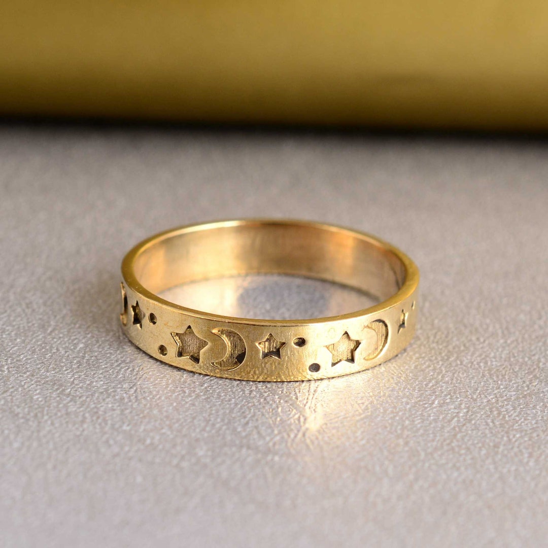 Moon Star Engraved Ring in Gold Brass ,dainty Ring, Minimalist Jewelry ...