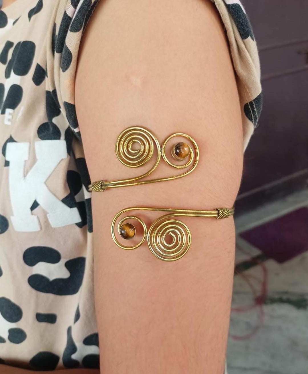 Gold Spiral Arm Cuff, Tigers Eye Boho Upper Arm Bracelet, Goddess ...