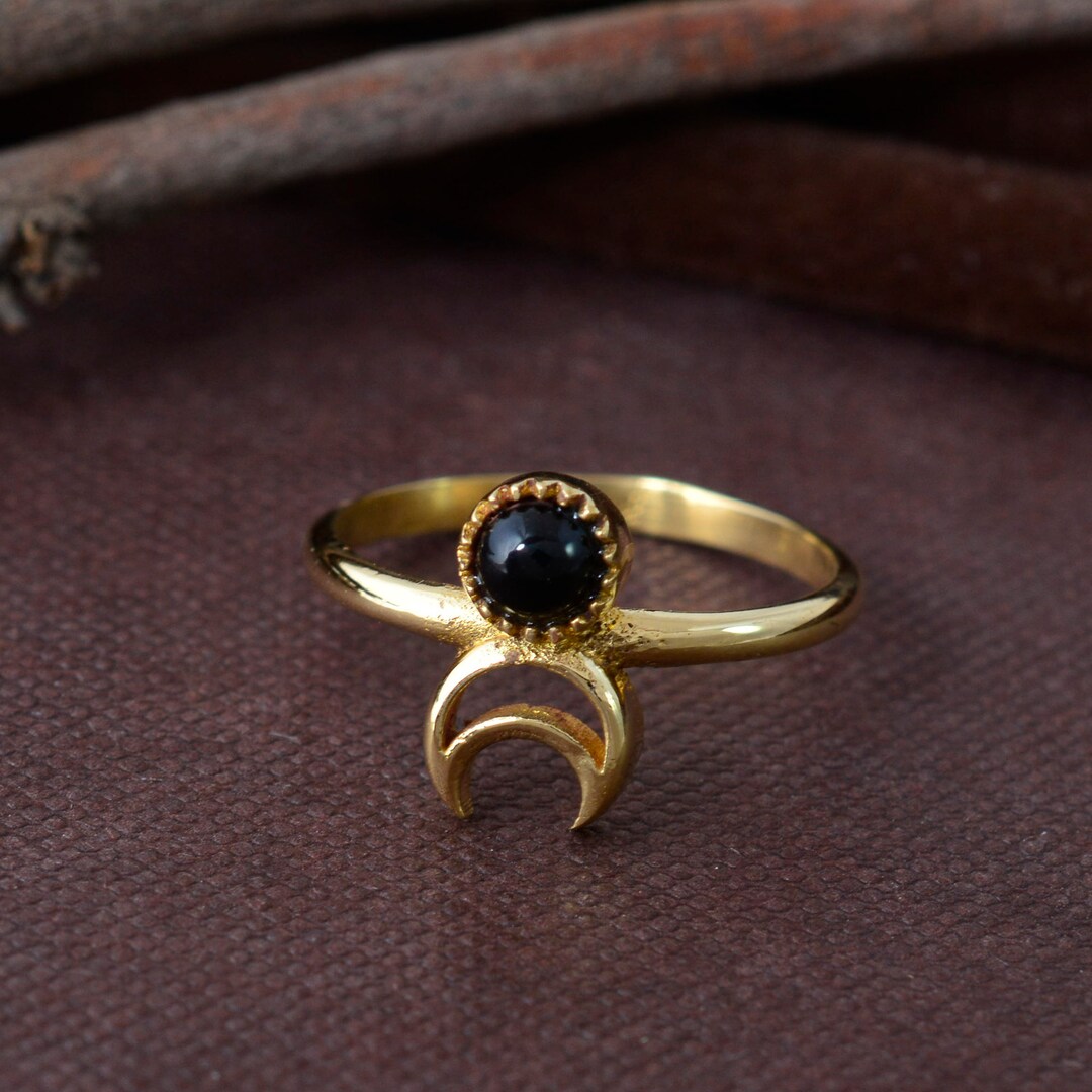 Black Obsidian Half Moon Ring, Gold Brass Gemstone Ring - Etsy UK