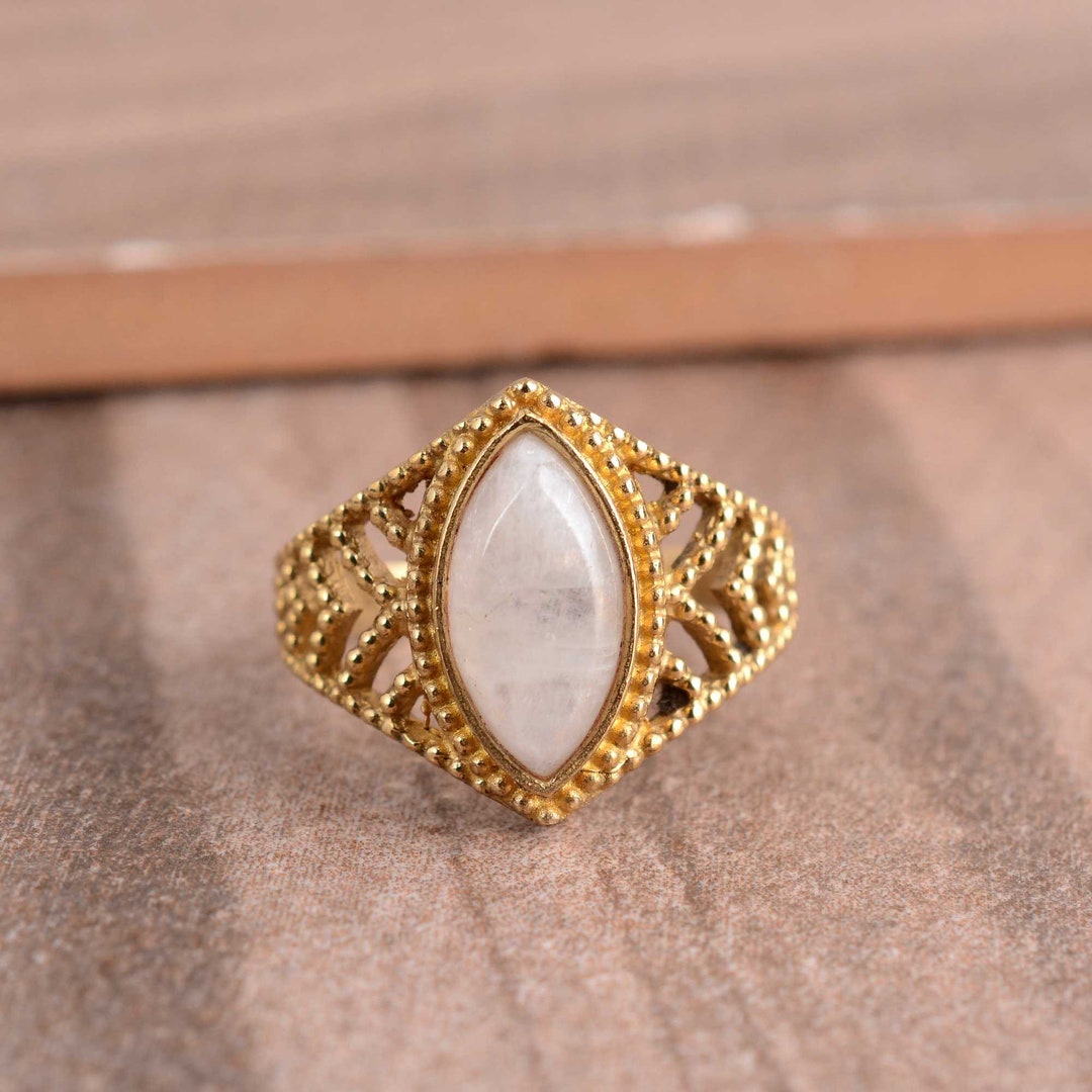 Gold Moonstone Ring, Moonstone Brass Ring, Statement Ring, Gemstone ...