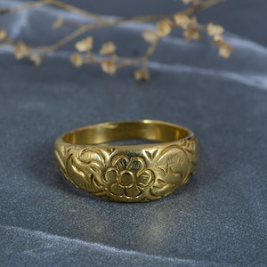 Engraved Flower Brass Ring for Men: Handmade Nature Wedding Band - Etsy