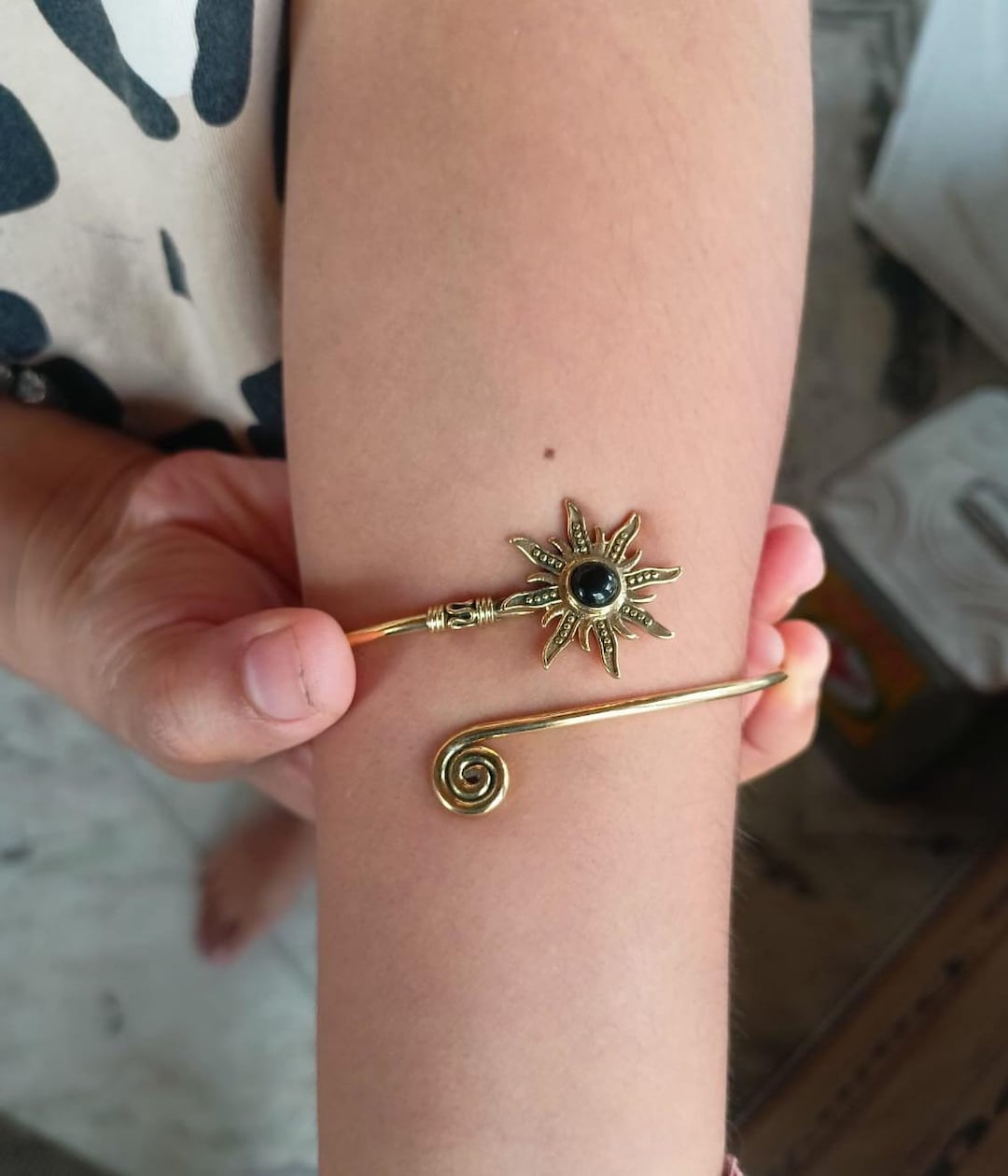Gold Sunburst Arm Cuff, Obsidian Boho Upper Arm Bracelet, Goddess ...