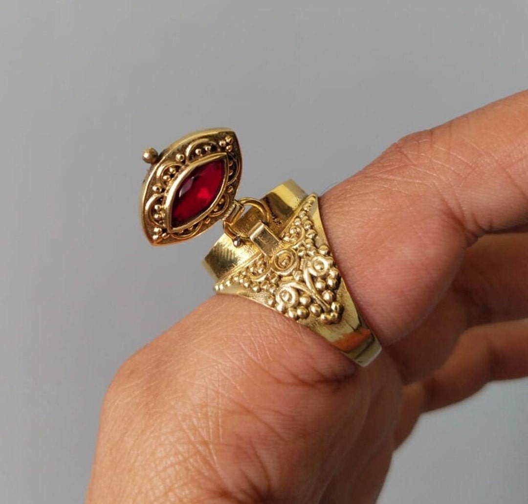 Garnet Poison Ring, Openable Ring , Gold Box Ring, Ethnic Ring, Secret ...